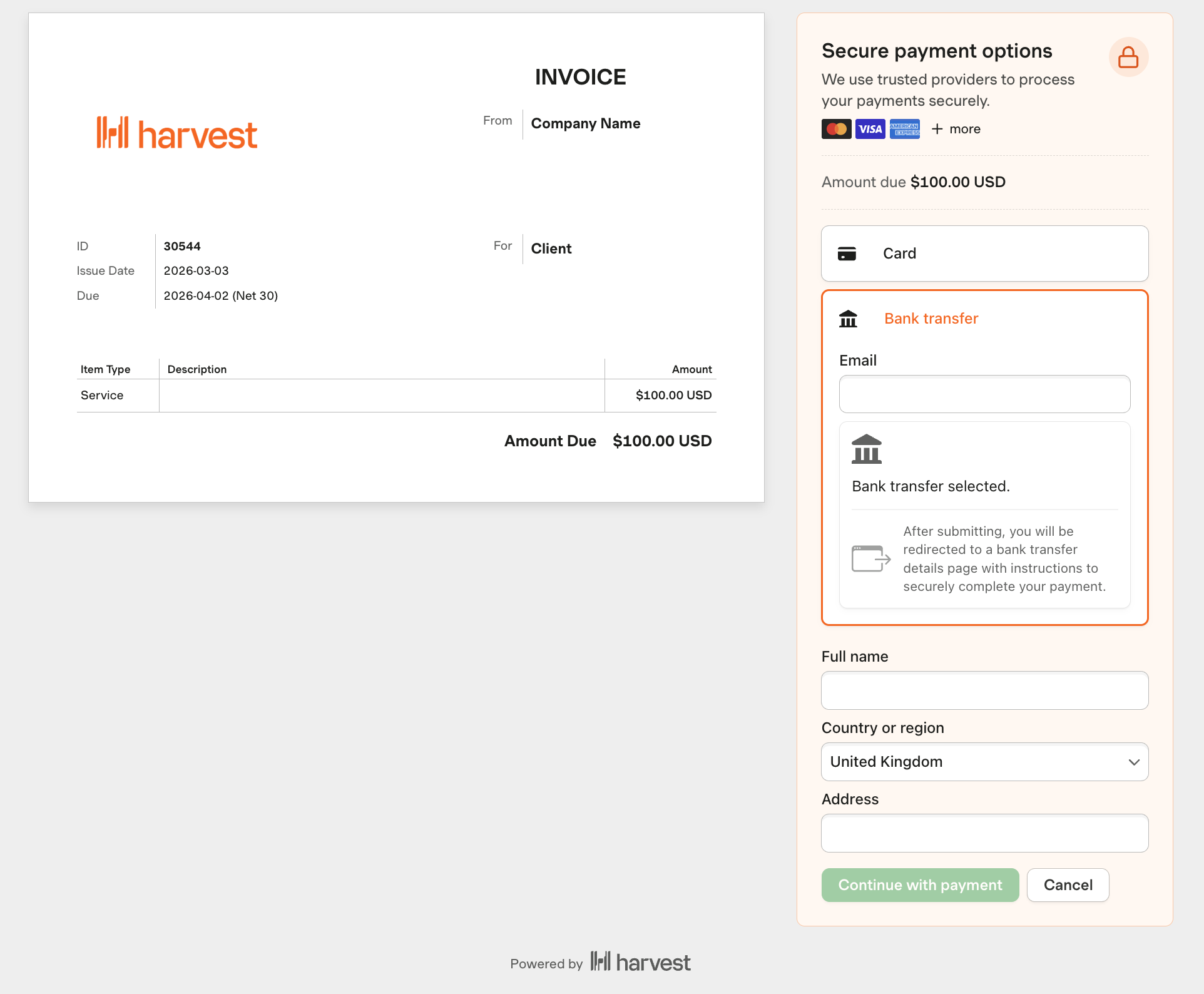 Receive bank transfer payments through Stripe – Harvest Help Center